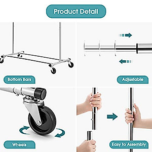 Auledio Clothes Garment Rack, Commercial Grade Clothes Rolling Heavy Duty Storage Organizer on Wheels with Adjustable Clothing Rack , Holds up to 200 lbs, Chrome (One Head)