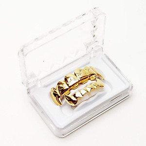 Vampire GRILLZ SET with 4pc fixing bar Fangs Gold Plated Top & Bottom Teeth Dracula LS 020 G