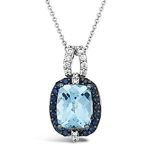 LeVian 14K White Gold, Cushion Shaped Blue Topaz, Sapphire & 1/8 Cttw Diamond 7/8" Halo Pendant Necklace (G-H Color, VS2-S11 Clarity) - 18”