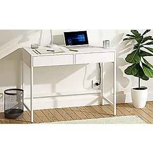 Treocho Computer Desk with USB Charging Ports and Power Outlets, Modern Simple 40 inch White Desk with 2 Drawers, Vanity Desk, Makeup Table for Home Office, Bedroom