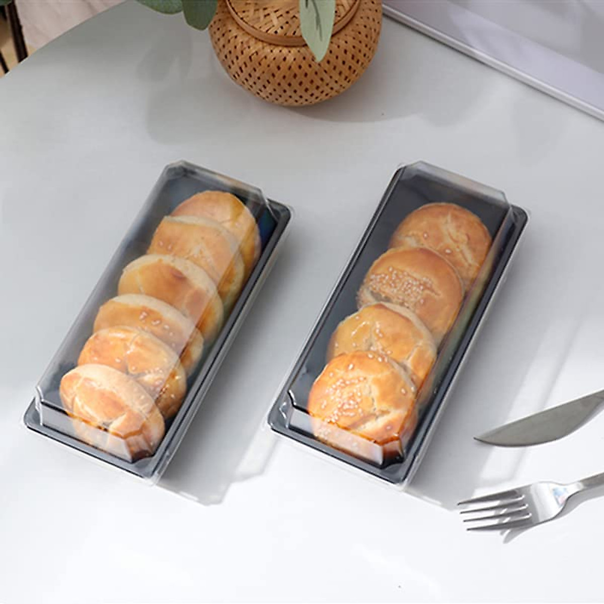 Hewnda 50 Pack Sushi Containers With Lid,Small Pastry Container, Plastic Containers for hot dogs, sandwiches, French fries, muffins (Black)