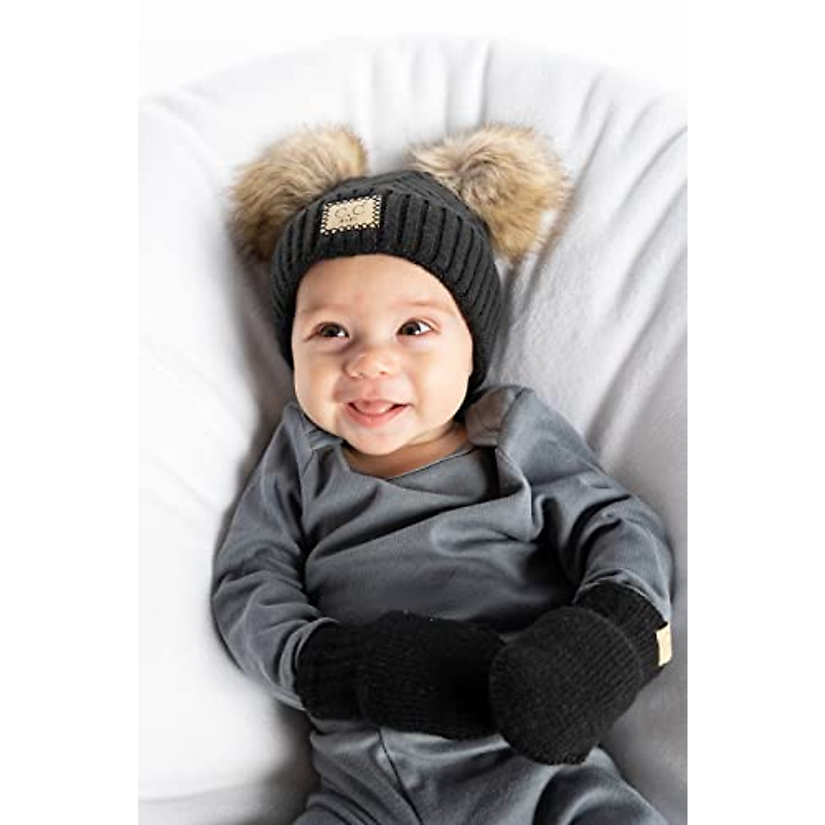 Infant Double Pom Beanie and Mittens Set - Diagonal Basketweave - Black