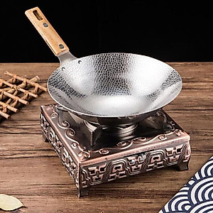 Luxshiny Wok Pan Non-stick Stainless Steel Stir Fry Pans With Wooden Handle 24cm Traditional Hand Hammered Round Bottom Woks Cooking Pot Cookware For Gas Induction Or Electric Stove