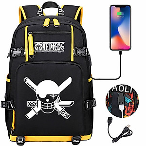 ZJYJING One Piece Anime Luffy Character Black And Yellow Casual Backpack With USB Interface Laptop Fashion Large Capacity Backpack (B6-3)