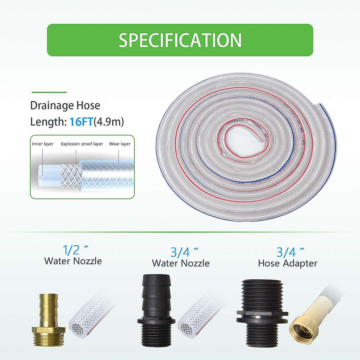 SurmountWay Pool Cover Pump Above Ground，850 GPH, 3 Adapters Swimming Pool Cover Pump with 16 Foot Heavy-Duty Kink Proof Hose (Black)