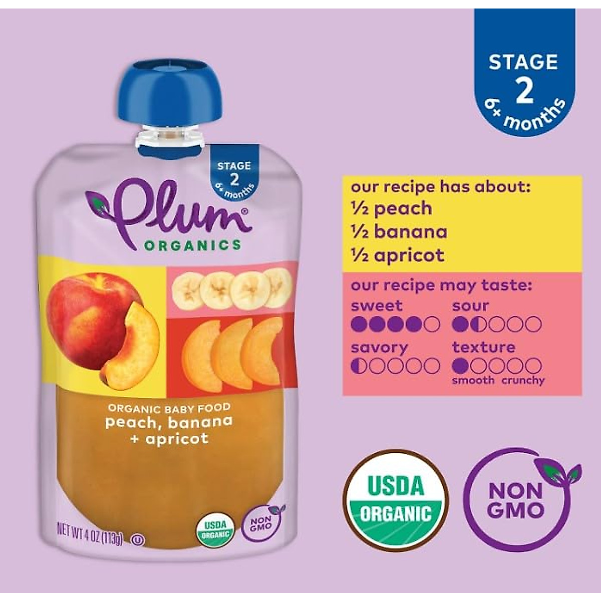 Plum Organics | Stage 2 | Organic Baby Food Meals [6+ Months] | Peach, Banana, Apricot | 4 Ounce Pouch (Pack Of 6) Packaging May Vary