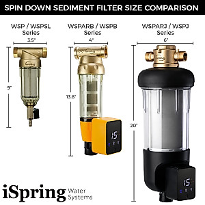 iSpring WSP200ARJ Spin-Down Sediment Water Filter, Upgraded Jumbo Size, Large Capacity, Reusable with Touch-Screen Auto Flushing Module, Brass Top Clear Housing, 200 Microns