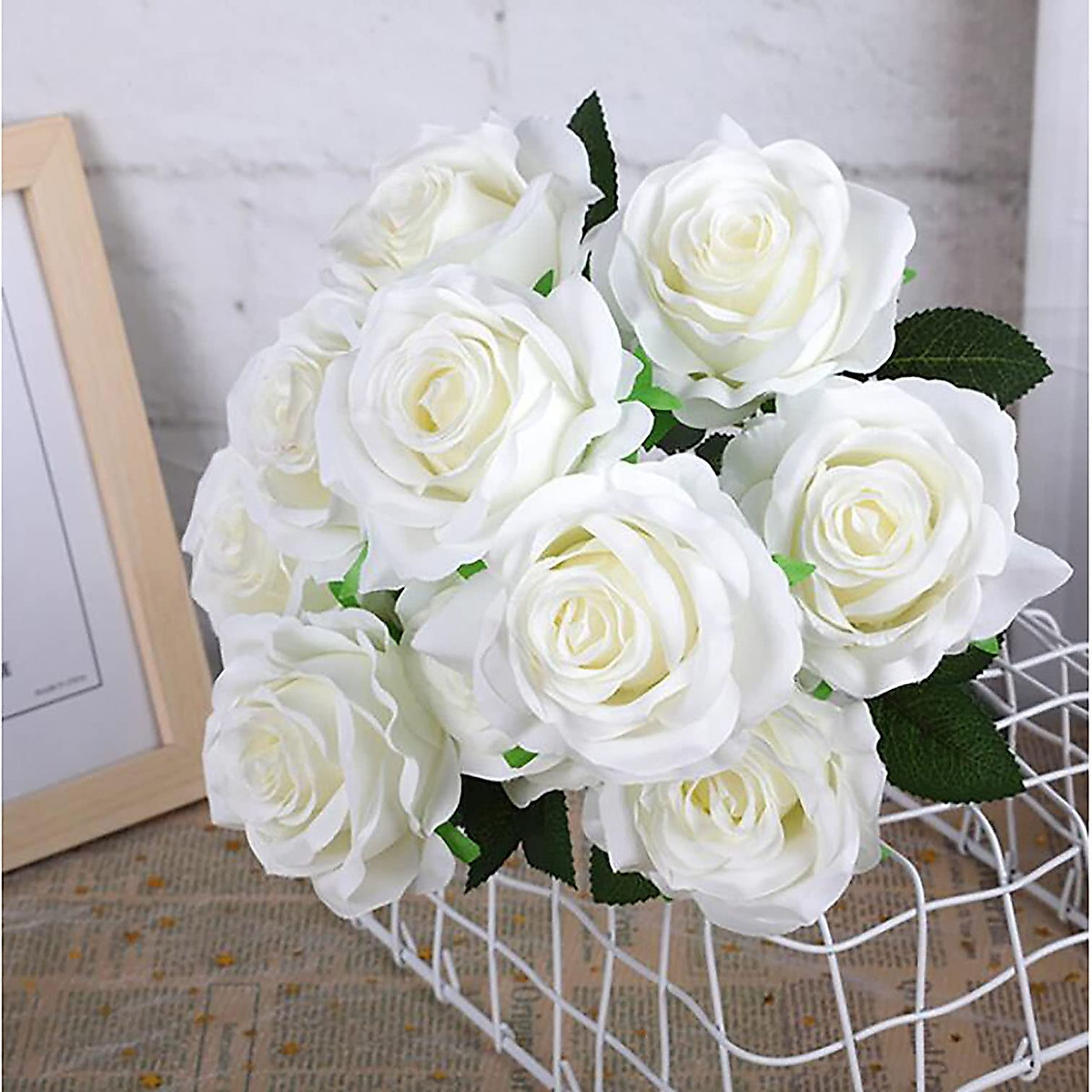 Artificial Rose Flower 12 Heads Bridal Bouquet Silk Rose Bulk for Wedding Home Valentine's Day Party Decor White Rose