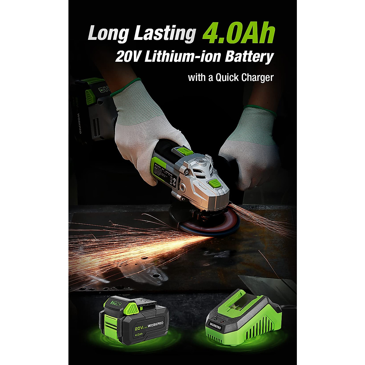 WORKPRO 20V Cordless Angle Grinder Kit, 4-1/2 Inch, Lightweight Angle Grinder Tool w/ 4.0Ah Lithium-Ion Battery & Fast Charger, Ergonomic Button Position for Reducing Hand Pressure
