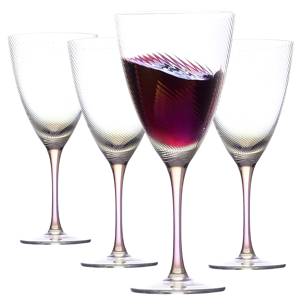 Red Wine Glasses Set of 4-Hand Blown Burgundy Glasses-15 OZ Ribbed Design Iridescent Drinkware for Valentine's Day, Anniversary, Birthday or Daily Use