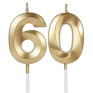 Gold 60th Birthday Candles for Cakes, Number 60 6 Glitter Candle Cake Topper for Party Anniversary Wedding Celebration Decoration