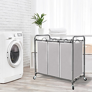 STORAGE MANIAC 3 Section Laundry Sorter, 3 Bag Laundry Hamper Cart with Heavy Duty Rolling Lockable Wheels and Removable Bags, Laundry Organizer Laundry Basket Laundry Clothes Separator Hamper, Gray