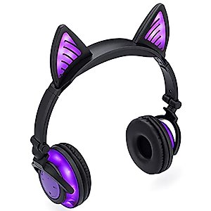 SoundBeast Bluetooth Cat Ear Headphones with Glowing Purple Lights - Wireless Headphones for Kids & Adults