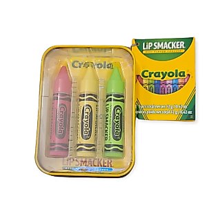 Lip Smacker Crayola Crayon 3-Piece Lip Balm Tin Razzmatzz, Banana Mania, and Granny Smith Apple