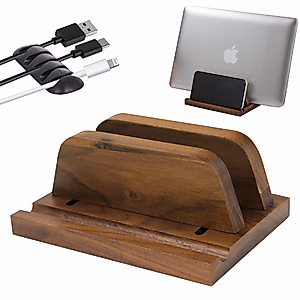 Vertical Laptop Stand Wood, Wooden Adjustable Laptop Holder, Walnut, 2 Slot, Double, Upright Laptop Holder for Desk, MacBook Stand, Laptop Dock, Desktop Organizer, Fits MacBook, Other Laptops, Phone