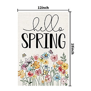 Hello Spring Floral Garden Flag 12x18 Inch Double Sided Burlap Outside, Flower Seasonal Sign Small Farmhouse Yard Outdoor Decoration DF235