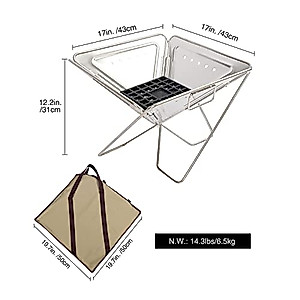 Lineslife 17'' Portable Outdoor Fire Pit for Camping, Folding Heavy Duty Stainless Steel Firepit, Foldable Wood Burning Fire Pit with Carrying Bag for Outdoor Backyard Patio, Beach Parties, Garden