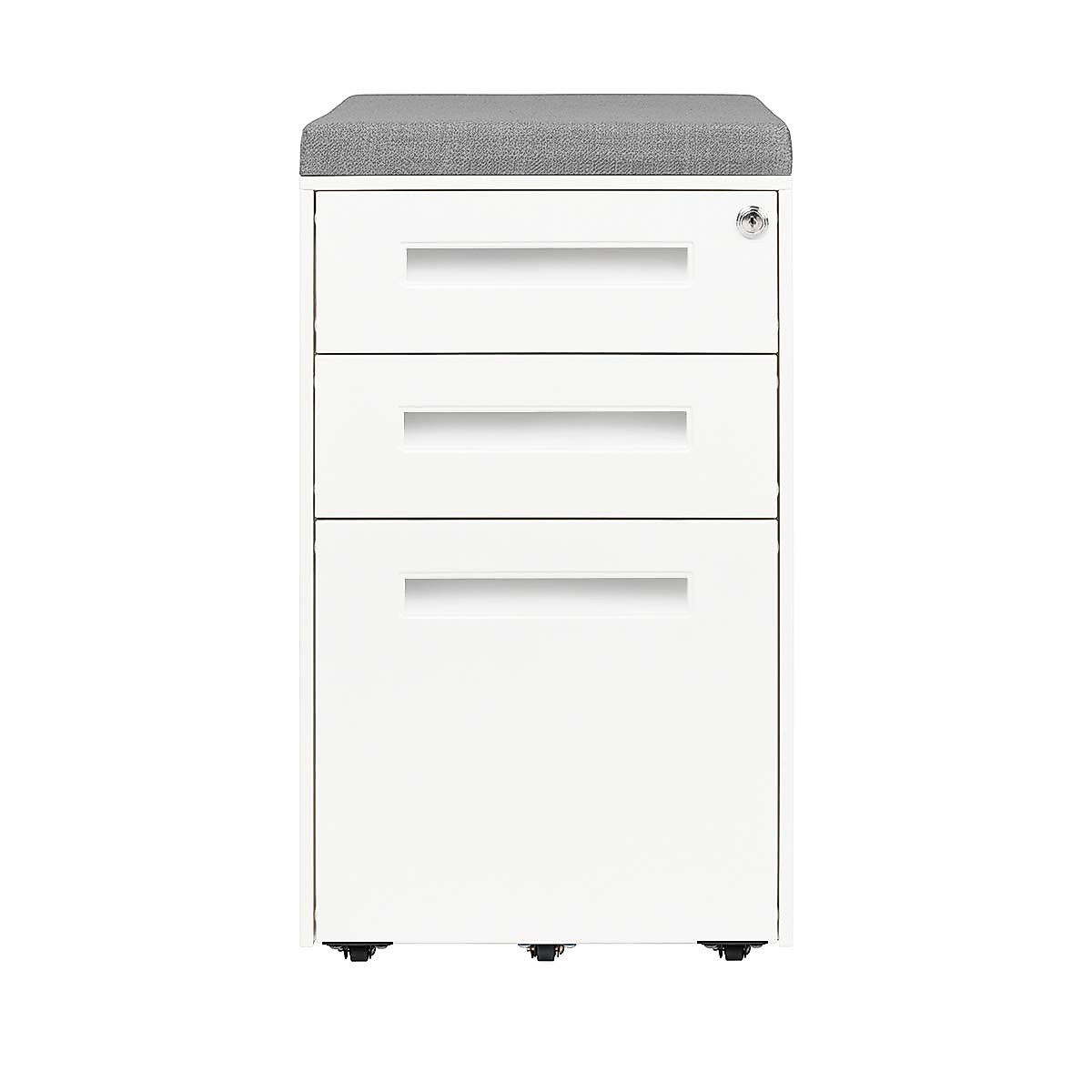 Laura Davidson Furniture STOCKPILE Seated 3 Drawer Mobile File Cabinet with Removable Magnetic Cushion Seat - Metal Filing Cabinet, Pre-Assembled, White with Grey Cushion