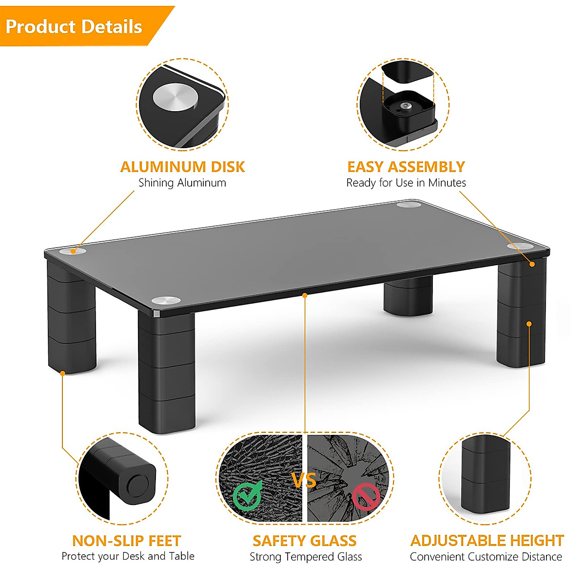 5Rcom Dual Computer Monitor Stand Riser, 2 Pack Height Adjustable Monitor Stand with Tempered Glass, Stackable Desktop Monitor Risers for 2 Monitors, PC, Under Monitor Desk Organizer, Black