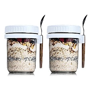 Xigugo Overnight Oats Jars, Overnight Oats Container with Lid and Spoon, 10 oz Cereal, Milk, Vegetable and fruit Salad Storage Container with Measurement Marks (white2)