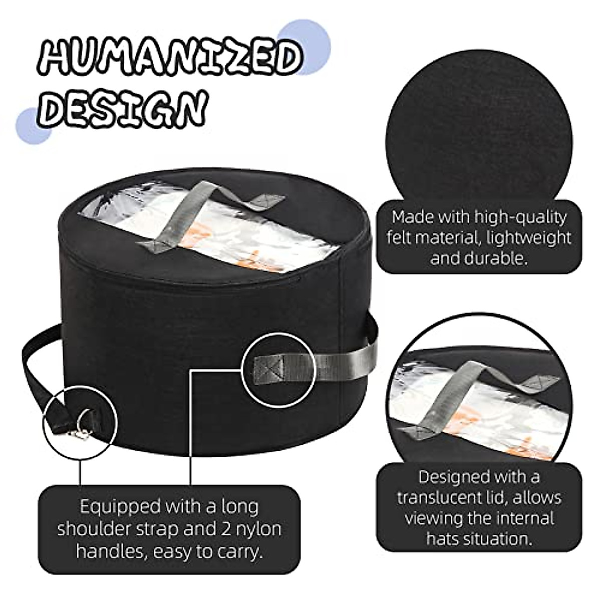 LITLANDSTAR Hat Organizer for Women and Men, Round Hat Storage Box Portable Felt Hat Container Foldable Hat Holder with Dust Proof Lid, Hat Rack for Closet or Travel (17" D x 10" H, Black)