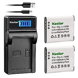 Kastar Battery (X2) & LCD Slim USB Charger for Olympus LI-50B Li50B and SZ-10 SZ-12 SZ-15 SZ-16 HIS Sz-20 SZ-30MR SZ31MR iHS TG-610 TG-630 HIS TG-810 TG-820 TG-830 TG-860 HIS XZ-1 XZ-16 iHS SP-810UZ
