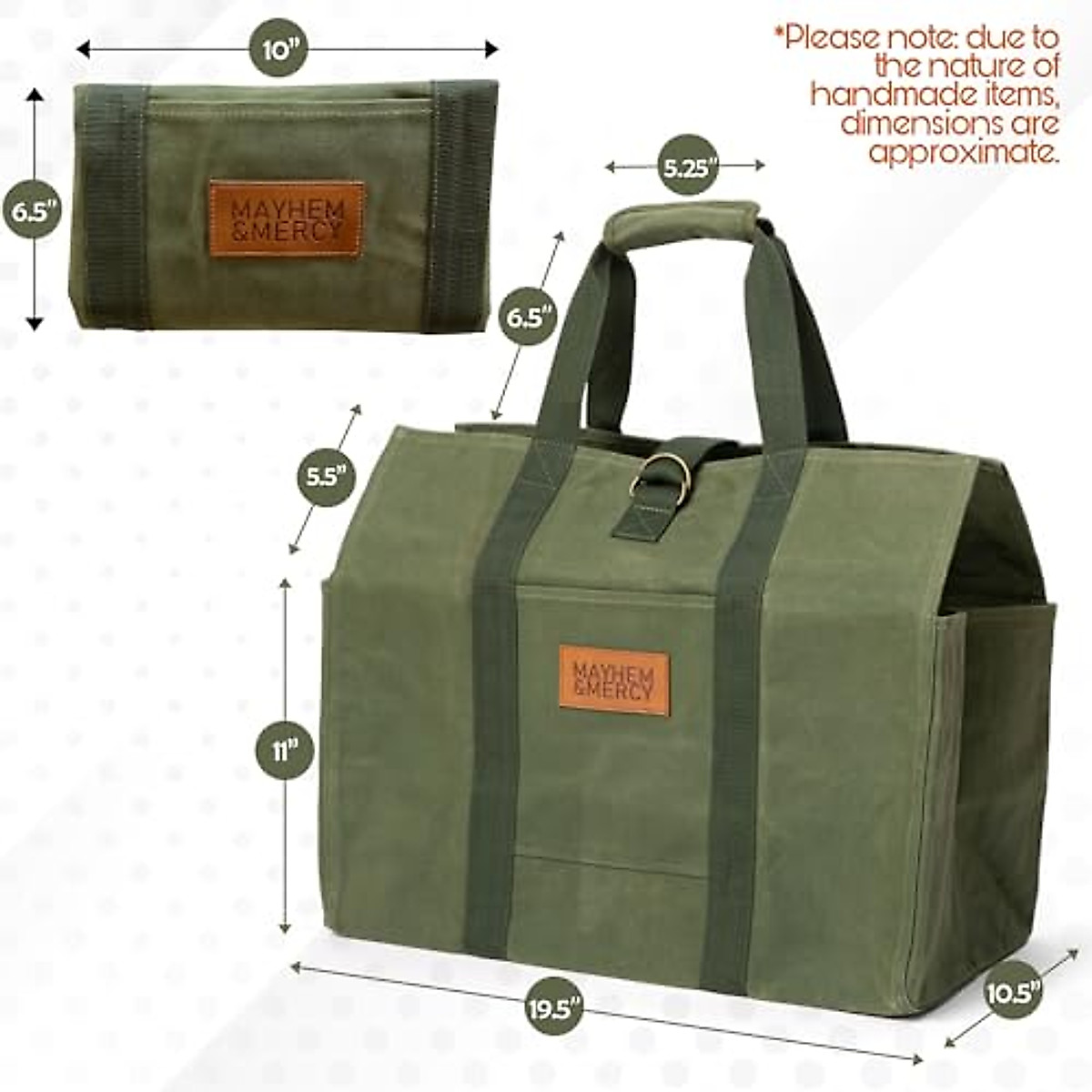 MAYHEM & MERCY Firewood Carrier - Waxed Canvas Wood Carrier For Firewood - Hunter Green Log Carrier For Firewood Fireplace Wood Rack Log Bag - Firewood