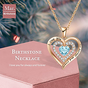 REDBEE 18K Rose Gold Plated 925 Sterling Silver Birthstone Heart Necklace for Women's Gifts from Husband Necklace Gift for Wife Aquamarine Birthstone Necklace for Her (Rose Gold-Mar-Aquamarine