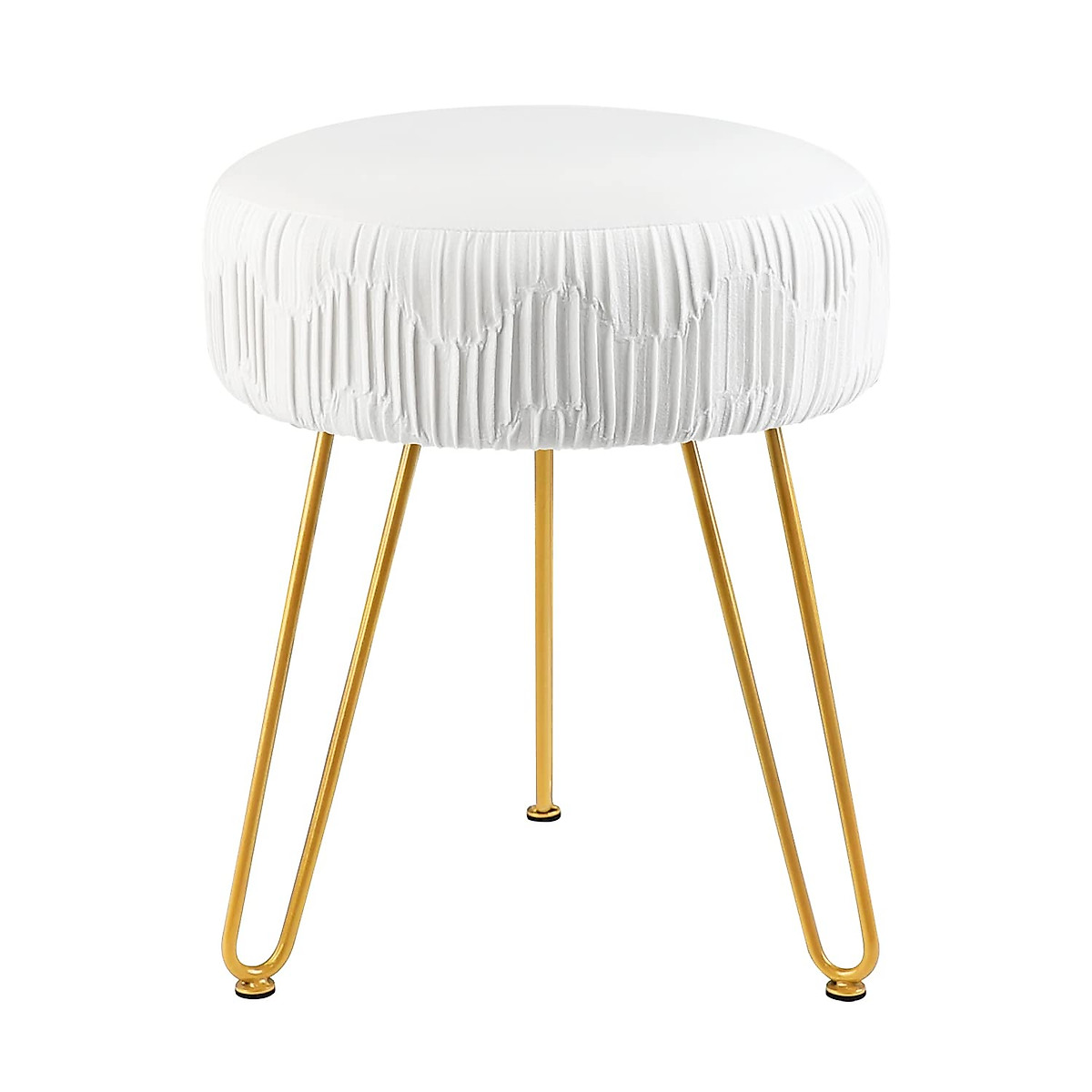TOUCH-RICH Stripe Velvet Vanity Chair Round Ottoman,Upholstered Vanity Makeup Footstool Side Table Dressing Chair with Golden Metal Legs (White, Round-Normal)