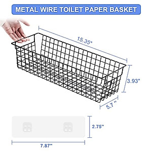 VITVITI Toilet Paper Holder with Handle, Metal Wire Basket Storage Organizer, for Bathroom/Wall Mounted/Toilet Tank, Set of 2, Black