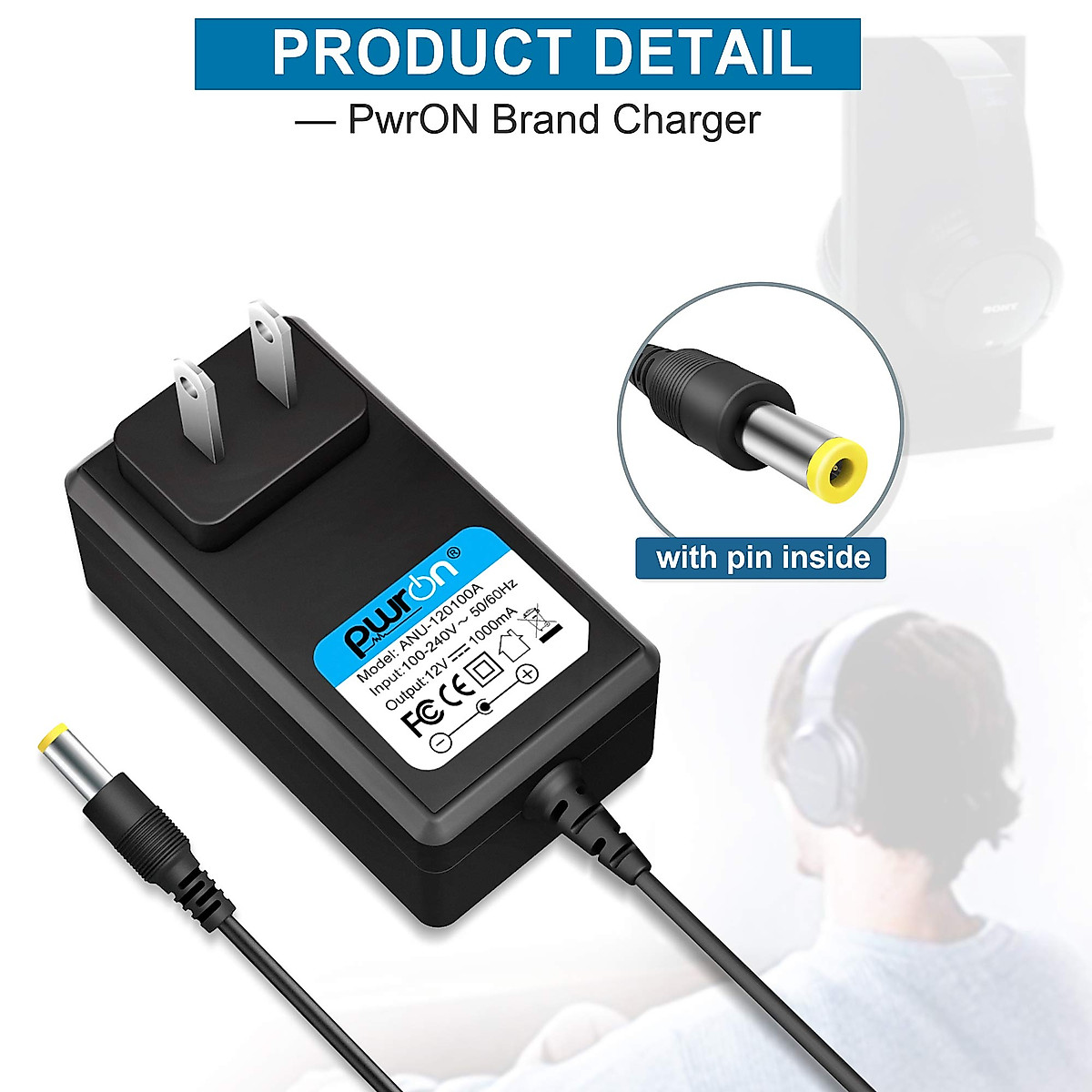 PwrON 6.6 FT Long 12V AC Adapter for Sony TMR-RF985R MDR-RF985R TMRRF985R MDRRF985R Wireless Headphone RF Stereo Transmitter Power Supply Cord