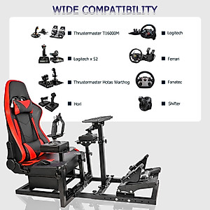Minneer Racing Flight Simulator Cockpit with Red Seat Fit for Logitech/Thrustmaster/Fanatec X56 X52 G29 G920 G923 T248 TX,Adjustable Drive Gaming Wheel Stand.Wheel,Pedals & Handbrake Not Included