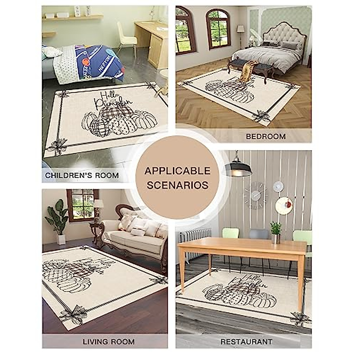 Thanksgiving Fall Large Rectangular Area Rugs 5' x 7' Living Room, Boho Polka Dot Pumpkin Black Gingham Durable Non Slip Rug Carpet Floor Mat for Bedroom Bedside Outdoor