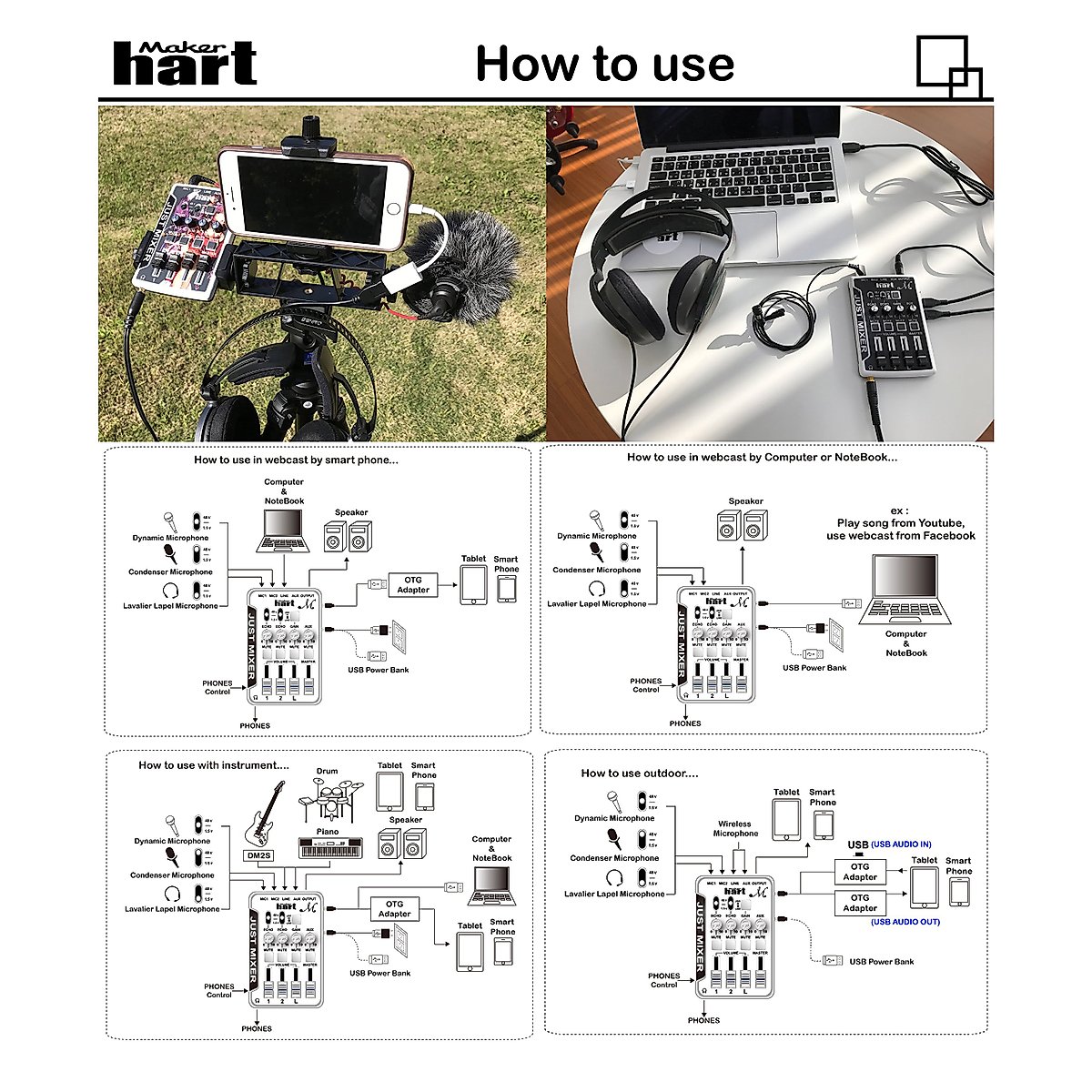 Maker Hart Just Mixer M 4 Channel Compact Microphone Mixer/2 Mic IN/2 Stereo IN/Mic Power/USB Audio IN&OUT