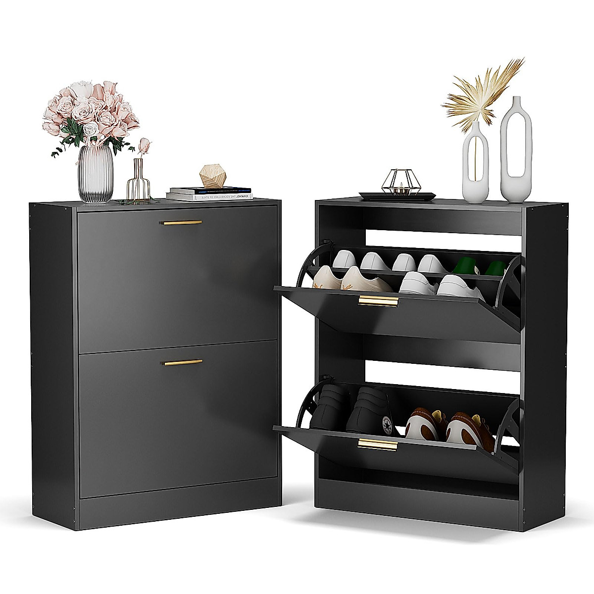 NOVAMAISON Shoe Cabinet for Entryway Slim, Black Narrow Hidden Shoe Storage Cabinet, 2 Flip Drawers Shoe Cabinet, Freestanding Shoe Organizer Cabinet for Hallway