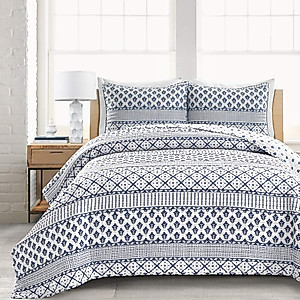 Lush Decor Monique Stripe Navy and White 3 Piece Quilt Set, King - Includes 2 Matching Pillow Shams