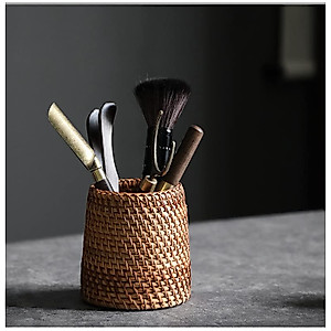 Elsjoy Set of 2 Wicker Pencil Holder, Natural Woven Rattan Makeup Brush Holder, Handmade Office Storage Cups Rustic Kitchen Utensil Caddy for Silverware Cutlery, Stationery, Cosmetics, Table Decor