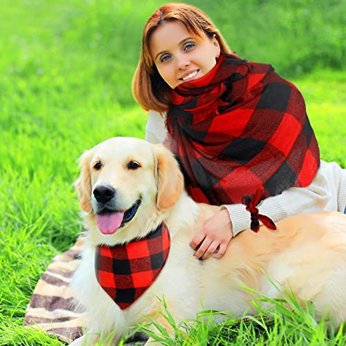 3 Pcs Set Christmas Dog Bandanas and Matching Scarf Scrunchie Set Plaid Dog Bandanas Bibs Pet Owner Plaid Blanket Scarves Wraps Girl Hair Bow for Pet Mom Small Medium Large Dogs Birthday Gifts (Red)