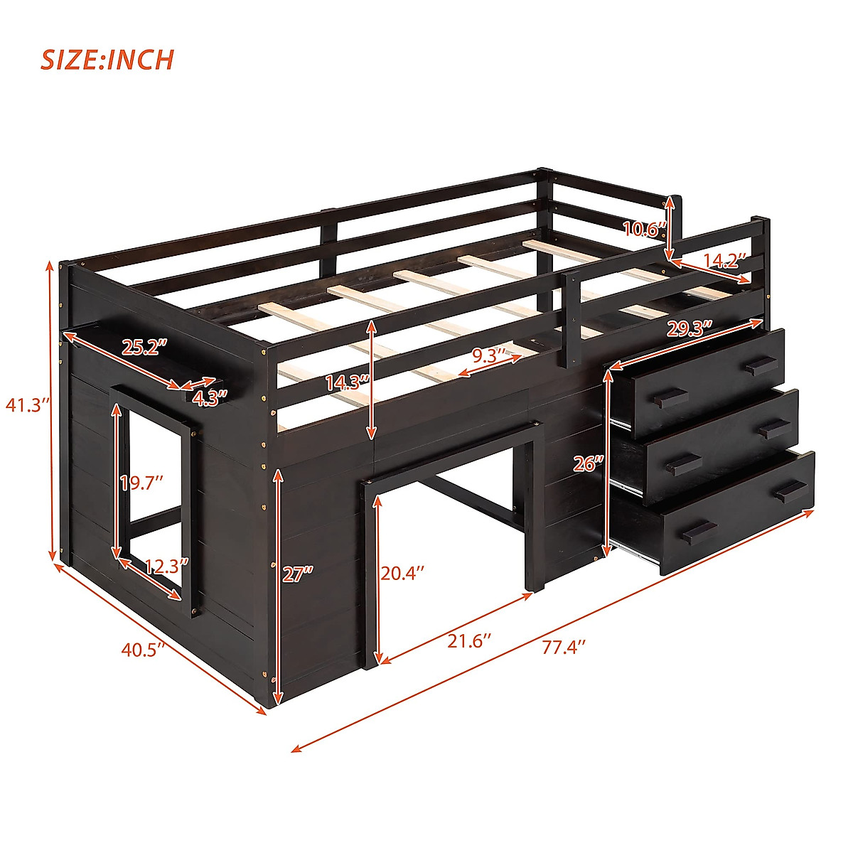 CITYLIGHT Twin Size Low Loft Bed with Storage,Wood Twin Loft Bed with Cabinet and Shelf,Kids Loft Bed Frame for Girls Boys,Espresso