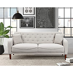 Aoowow Linen Fabric Sofas and Couches 78 Inches Long, Mid Century Modern Couch Tufted Back Sofa with 2 Throw Pillows, Armrest and Wooden Legs for Living Room, Apartment, Bedroom (Beige)