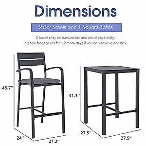 Soleil Jardin Aluminum Outdoor Bar Set, 3-Piece Outdoor Bar Height Table and Chairs Set, Counter Height Bar Stools with Cushions & Slatted High Top Bar Table for Patios, Backyard, Poolside, Dark Grey