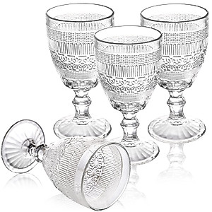 Coloch 4 Pack Wine Goblet Glasses, 11 Oz Vintage Water Glasses Set Romantic Mixed Drinking Glassware for Juice, Red Wine, Cocktail, Baby Shower, Wedding, Party