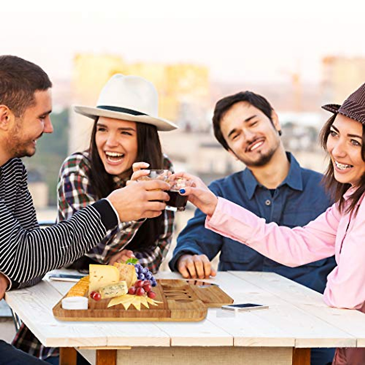 Bamboo Cheese Cutting Board Set - Flat Wood Serving Platter for Picnic Food or Wine, Rectangle Fruit and Meat Plate Kit w/Bowl, Closing Drawer Tray, 4 Stainless Steel Knives - NutriChef PKCZBD10