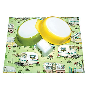 Camping Scenes on Green Coffee Station Mat - Dish Drying Mat - Pet Placemat - Appliance Mat - Camper Mat - 16 x 20 Inches - Handmade by Green Acorn Kitchen