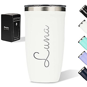 Personalized Vertical Name Engraved Insulated Tumbler, 16 oz. Stainless-Steel Travel Mug with Slide Lid, Custom Gift (Snow)