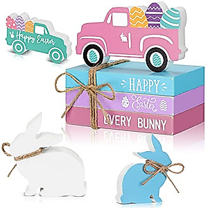 5 Pieces Easter Tiered Tray Decor Easter Farmhouse Wood Decor 3 Faux Books Bundle with Twine Easter Truck Sign and Wood Rabbit Sign Bunny Egg Spring Wooden Sign Tiered Tray for Easter Decor (Bunny)