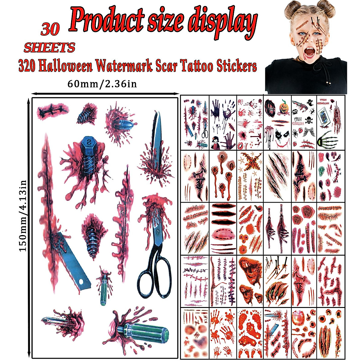 320 Pcs Halloween Tattoos,Temporary Zombie Tattoos, 30 Sheets Halloween Temporary Tattoos, Waterproof Fake Scars Horror Fake Bloody Wound Tattoo Stickers for Adult Kids Halloween Party Cosplay