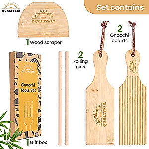 Qualiteia Gnocchi Board Set for Rolling Dough - 2 Pcs Paddles Rollers 1 Pc Cutter Authentic Pasta Shaper Tools Butter Maker Garganelli Cavatelli Tortellini Cavarola Roller Great Cutlery Gift, 9