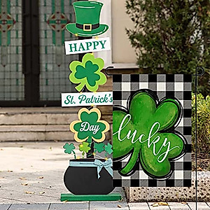 CROWNED BEAUTY St Patricks Day Garden Flag 12x18 Inch Double Sided for Outside Small Burlap Green Shamrock Lucky Black White Buffalo Plaid Yard Holiday Flag CF737-12