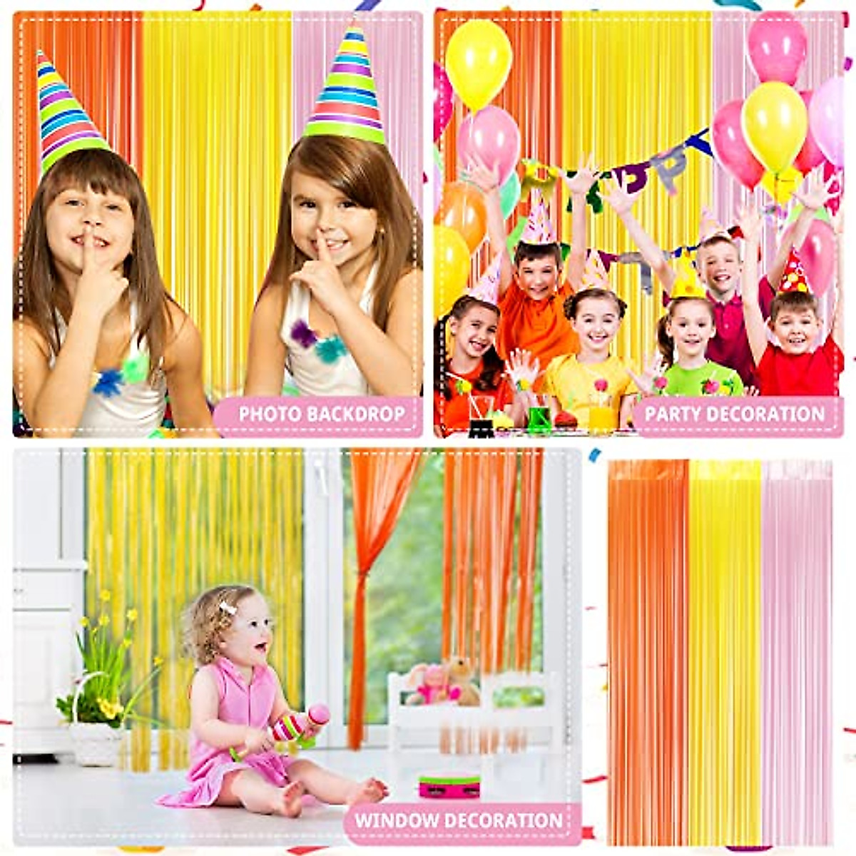 Juexica 3 Pack Groovy Foil Fringe Curtain Groovy Photo Booth Foil Curtain Backdrop Boho Party Decorations Groovy Party Decorations (3.2 x 6.6 ft),Orange, Yellow, Pink